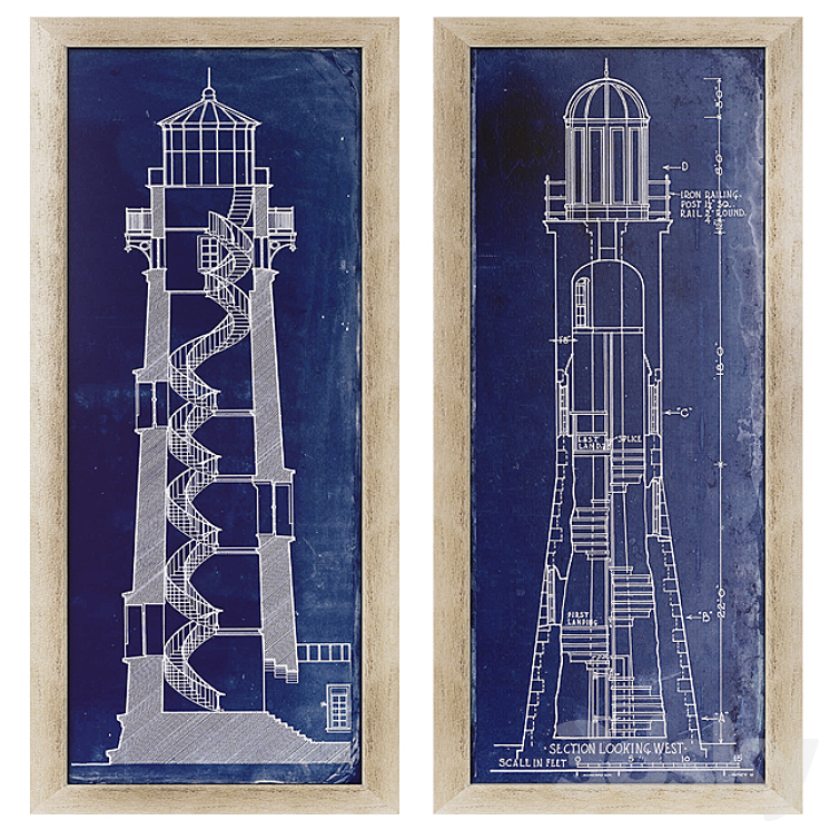 Blueprint Lighthouse Framed Wall Art - Frame - 3D model