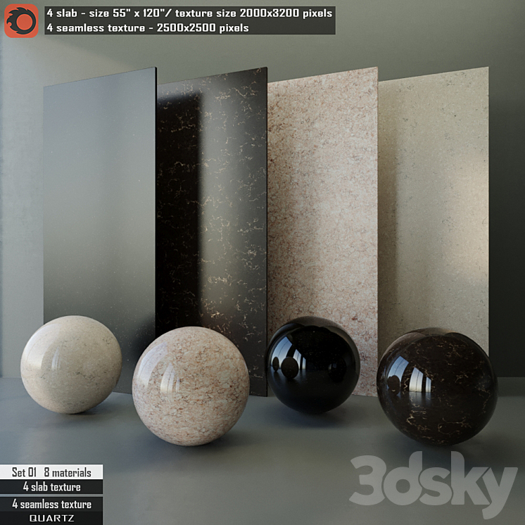 Quartz slab & Seamless texture Set 01 - Stone - 3D model