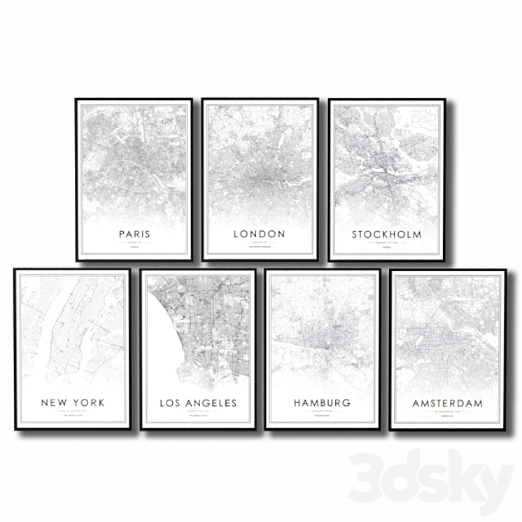 Posters with black and white maps of the largest cities in the world ...