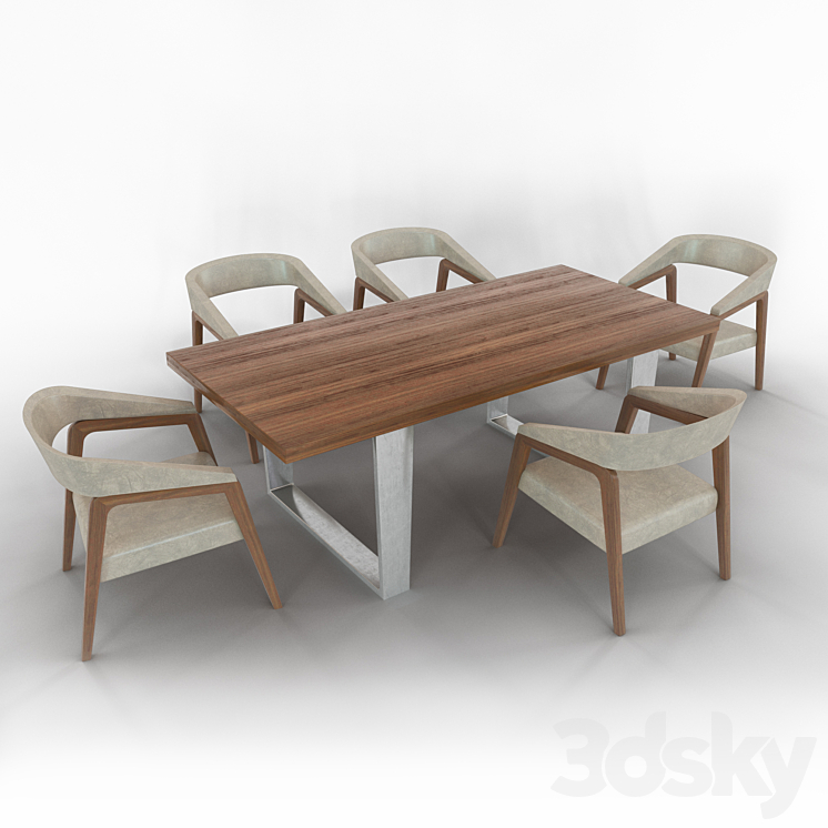 Modrest Byron Mid-Century Walnut Dining Set - Table + Chair - 3D model