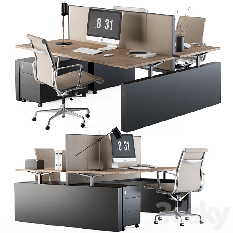 Office Desk Set Cream - Office furniture - 3D model