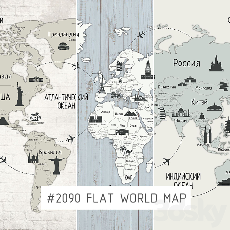 Creativille | Wallpapers | 2090 flat world map - Wall covering - 3D model