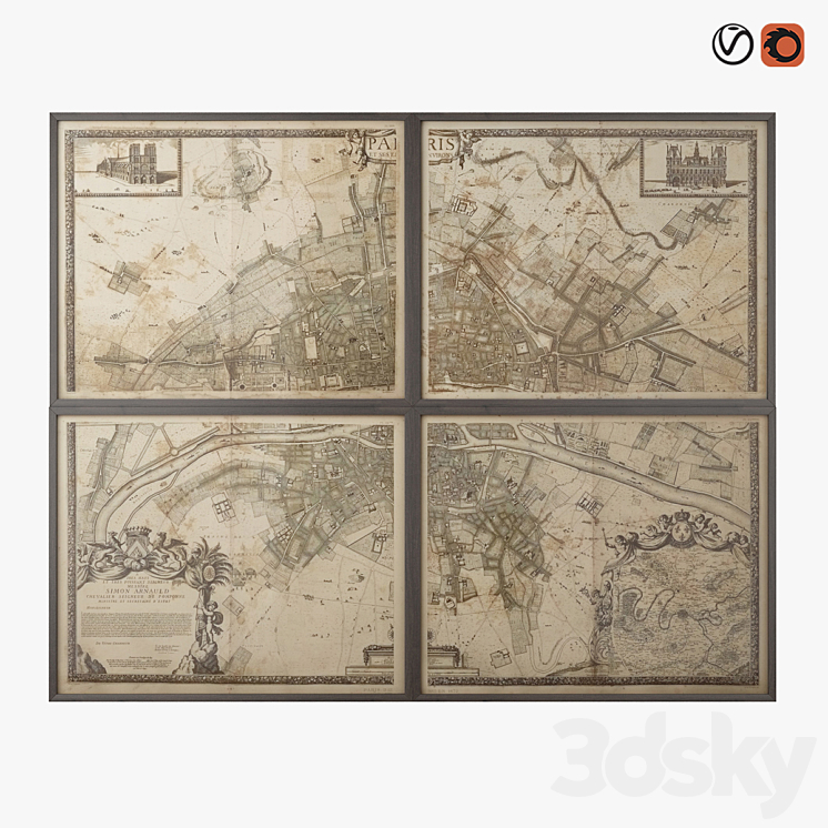 Restoration Hardware1672 Plan De Paris Four-Panel Map - Frame - 3D model