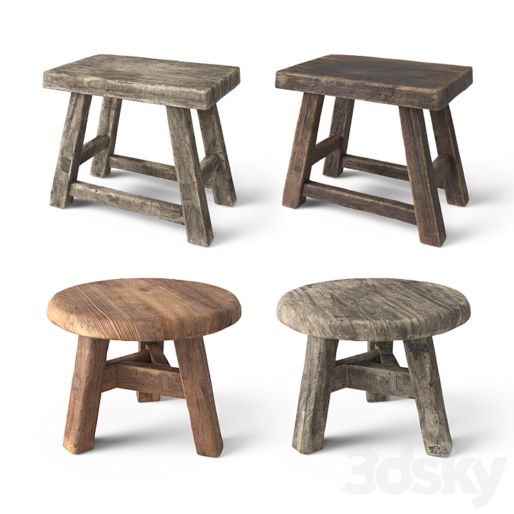 Rustic Wooden Stools - Chair - 3D model