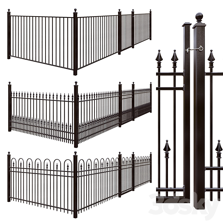 Iron fence set - Hoop and Picket / Puppet Picket / Pool - Fence - 3D model