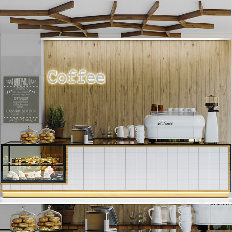 Design project of a finished coffee shop with desserts, sweets and a ...