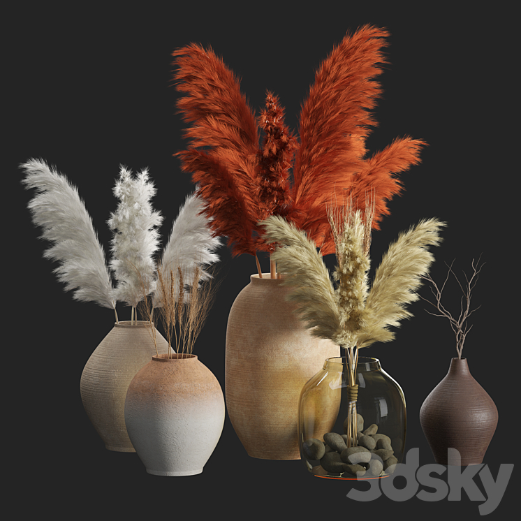 Clay vases with Dried Grass - Bouquet - 3D model