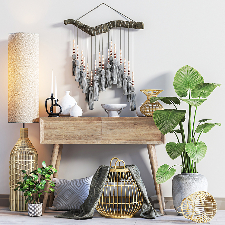 Boho set with macrame & wicker decor - Decorative set - 3D model