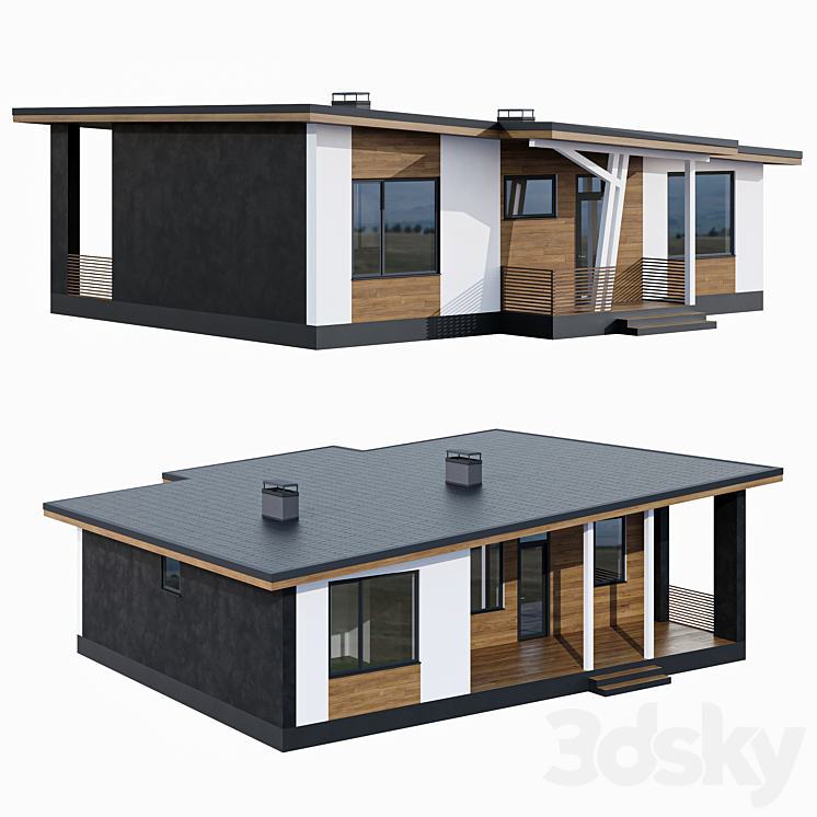 Modern one-storey house with a pitched roof - Building - 3D model