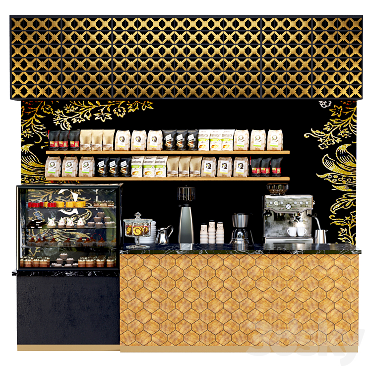 Design project of a cafe with a showcase of desserts and sweets and a ...