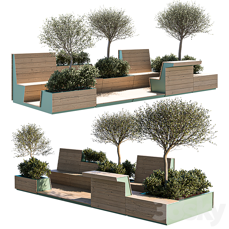 Parklet with bushes and trees for the improvement of a recreation area ...