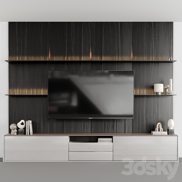 TV Wall 04 - Wooden - Black - TV Wall - 3D model