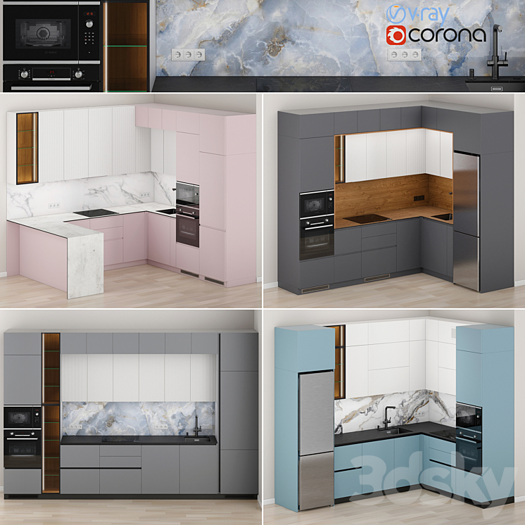 Corner and straight kitchens set 2 - Kitchen - 3D model