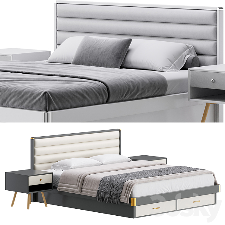 Gray Rectangular Headboard Standard Bed - Bed - 3D model