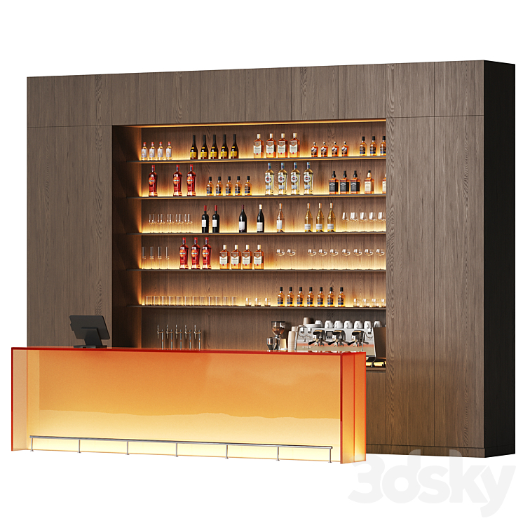 A luminous minimalistic bar with a bar counter - Restaurant - 3D model