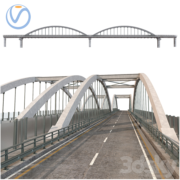 through arch bridge with a two-lane road - Urban environment - 3D model