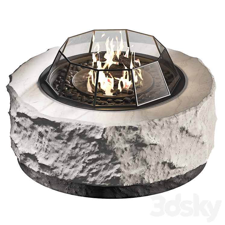 Round Fireplace 4. Rough white stone. - Fireplace - 3D model