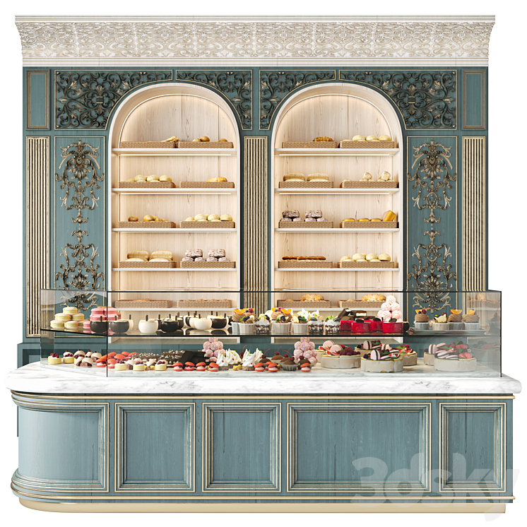 Cafe. Design project of a pastry shop or cafe with a display case with ...
