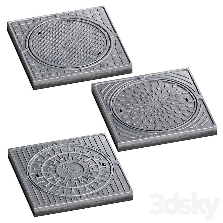 Square sewer hatches - Urban environment - 3D model