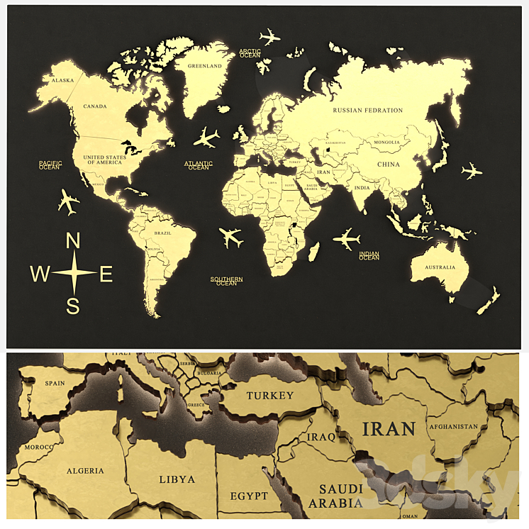 golden panel world map - Other decorative objects - 3D model