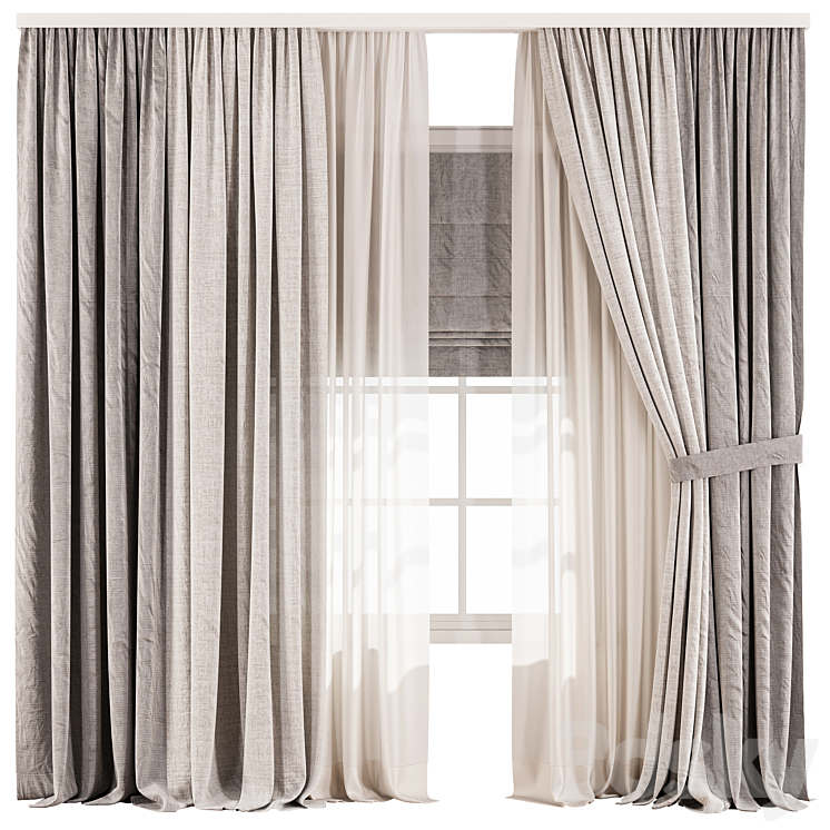 Soft Linen and Sheer Drapes with Roman Blind 72 - Curtain - 3D model