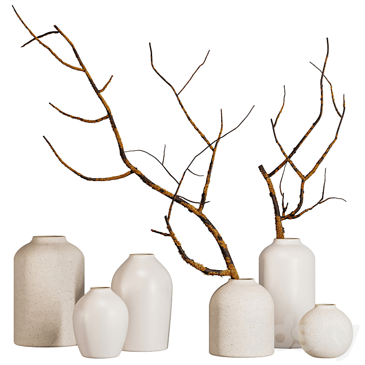 Minimalist Ceramic Vases with Rustic Mossy Branches - Vase - 3D model