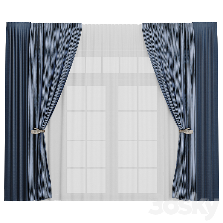 Thick curtains with a grab and tulle - Curtain - 3D model