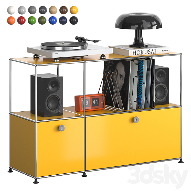 A shelving with mid-century decor and a vinyl record player. The USM ...