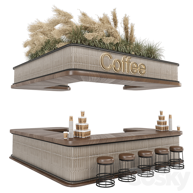 Coffee Reception Desk Hanging Plants_Brown Tile Set 3861 - Restaurant ...
