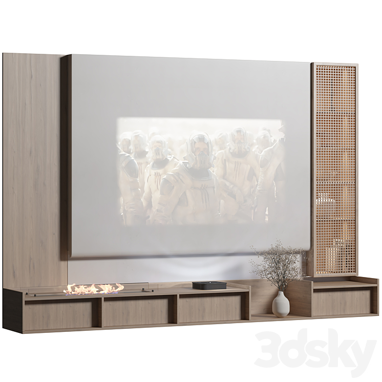 Modern TV Wall with Projector & Wooden Panels - TV Wall - 3D model