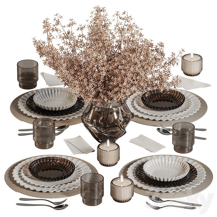 Table Setting Set With Bouquet 01 - Tableware - 3D model